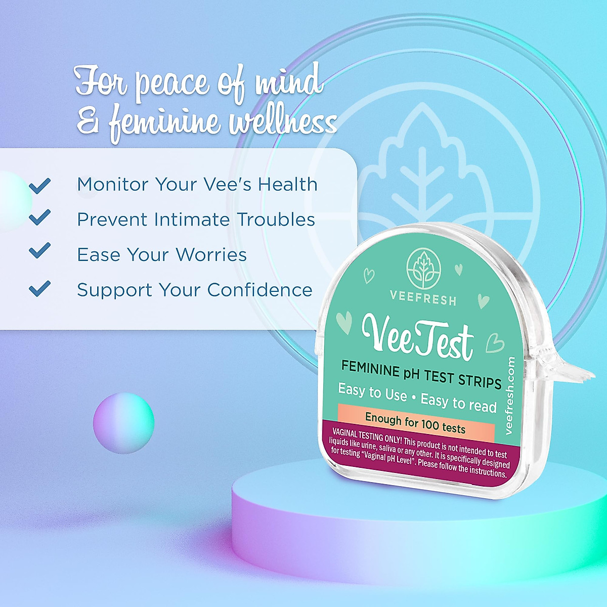 VeeFresh VeeTest Vaginal pH Test Strips - 100-Piece Accurate and Easy to Use pH Balance Test Strips for Women, Compact and Discreet Vaginal pH Tester for Feminine Health Monitoring