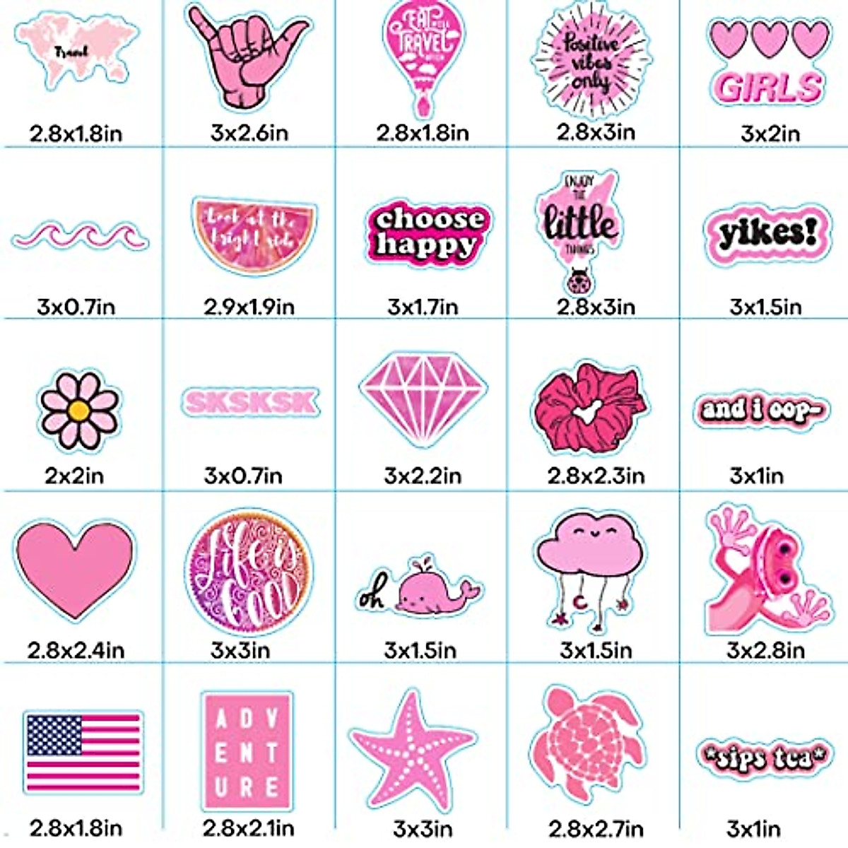 100pcs Preppy Stickers Pink Cute Vinyl Aesthetic Water Bottle Stickers Waterproof 100 Sticker Pack for Laptop Water Bottles Computer Phone Stickers for Kids Teen Girls Stocking Stuffer Gift