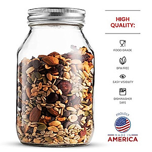 Paksh Novelty Glass Regular Mouth Mason Jars, 32 Oz Jars with Silver Metal Airtight Lids for Meal Prep, Dry Food Storage, Canning, Drinking, Overnight Oats, Jelly, Spices, Salads, Yogurt (6 Pack)