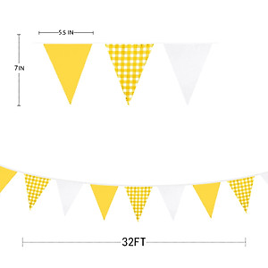 32Ft Yellow Plaid Checkered White Pennant Banner Fabric Gingham Triangle Flag Bunting Garland for Picnic BBQ Bee Sunflower Wedding Birthday Baby Shower Lemon Party Outdoor Garden Hanging Decoration