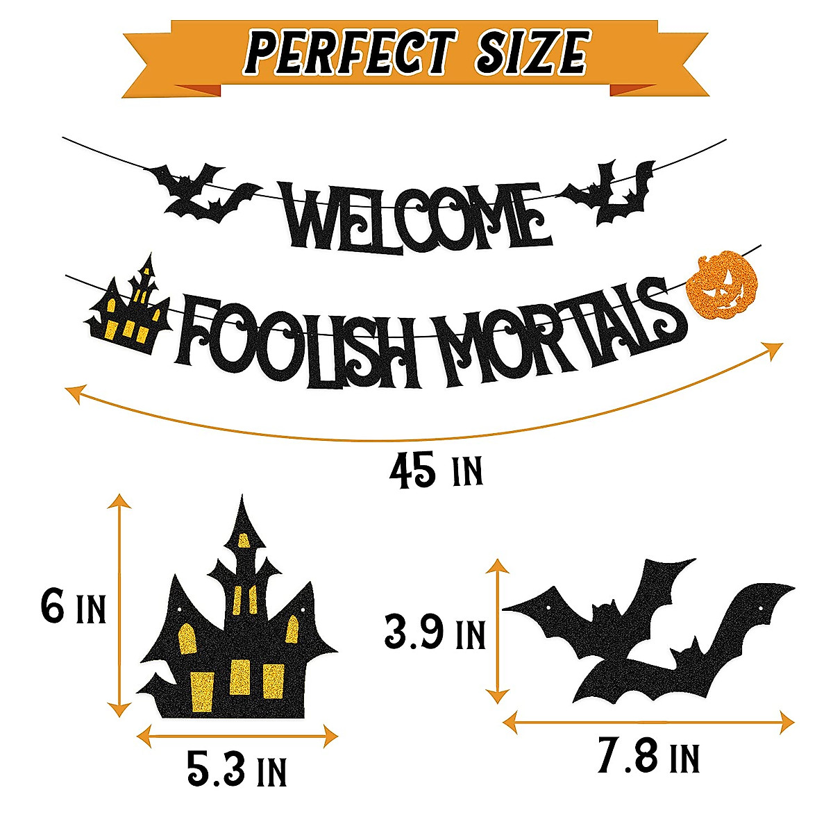 Welcome Foolish Mortals Decorations Halloween Party Banner Haunted House Hanging Ghost Pumpkin Bats Witches Theme Happy Halloween Glitter Black Party Supplies