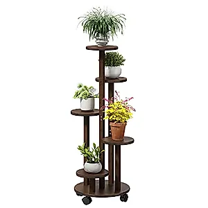 FILWH 5 Tier Plant Stand For Outdoor Indoor Tall Bamboo Movable Flower Stand With Wheels Plant Shelf Pot Holder Plants Corner Display Rack Multiple Planter For Living Room Balcony Garden Patio(Brown)