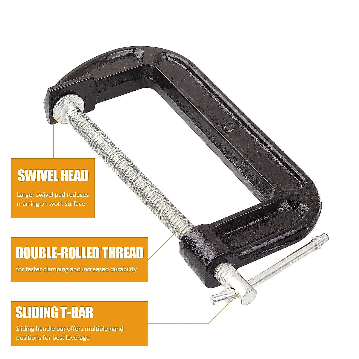 C Clamp 6 inch, 4 pieces Heavy Duty C-Clamp with Sliding Bar, Malleable Iron C Clamps Set for Woodworking, Welding, Automotive Repair, 2-5/8-Inch Throat Depth, 6-Inch Jaw Opening