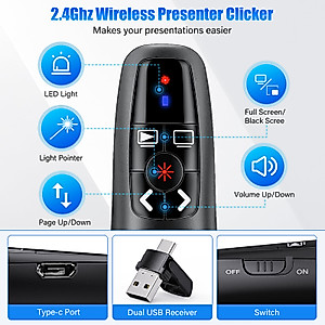 2-in-1 USB Type C Presentation Clicker, Clicker for PowerPoint Presentations, Rechargeable Wireless Presenter Remote, Pointer RF 2.4GHz USB PowerPoint Clicker Slide Advancer with Volume Control