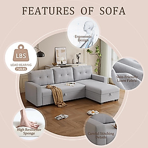 KTATK 82" L-Shape Convertible Sectional Sleeper Sofa with Storage Chaise and Pull-Out Bed,Modular Small Corner Couch Cama Lounge W/Removable Back Cushions & Armrest,for Home Furniture,Light Gray