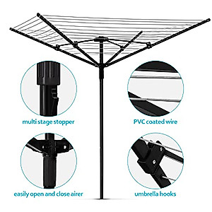 Nisorpa Rotary Outdoor Umbrella Drying Rack Adjustable Height Clothesline w/Waterproof Protective Cover Folding Rotary Dryer with 4-Aluminum Arms and Steel Post | 12-Lines with 165 ft. Clothesline