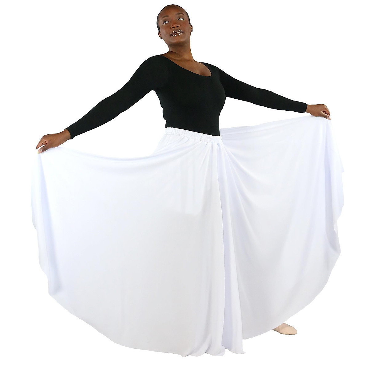 Danzcue Womens Long Full Circle Dance Skirt, White, S-M