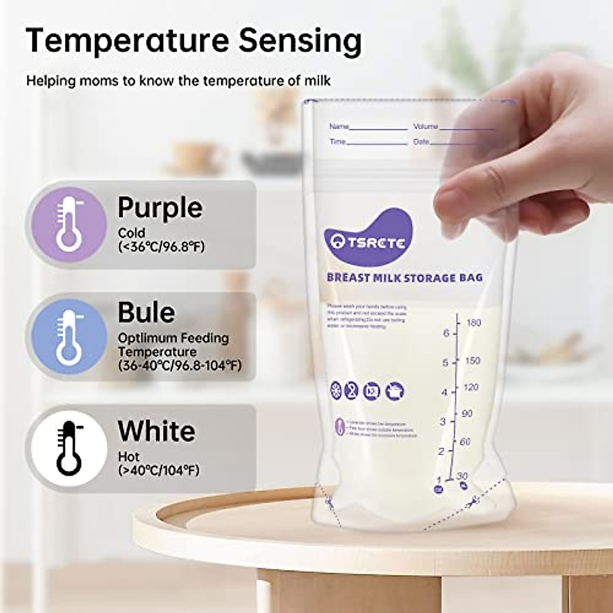 TSRETE Breastmilk Storage Bags Temperature Sensing Discoloration - 60 Count Leak Proof Double Zipper Seal Self Standing Breastmilk Bags for Breastfeeding, Space Saving for Refrigeration - 6 OZ/180ml