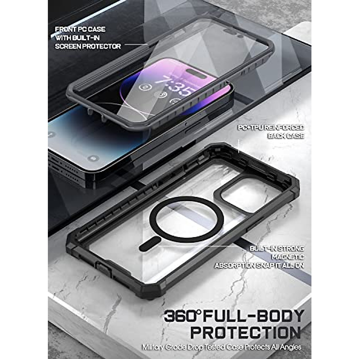 Poetic Guardian MagPro Case for iPhone 14 Pro Max 6.7 Inch,[Compatible with MagSafe][20 FT Mil-Grade Drop Tested] Full-Body Shockproof Rugged Clear Cover with Built-in Screen Protector, Black/Clear