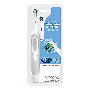 Amazon Basics Rechargeable Electric Toothbrush with 1 handle, 2 Action Clean Brush Heads and 1 Charger, Battery Powered, 4 Piece Set, White