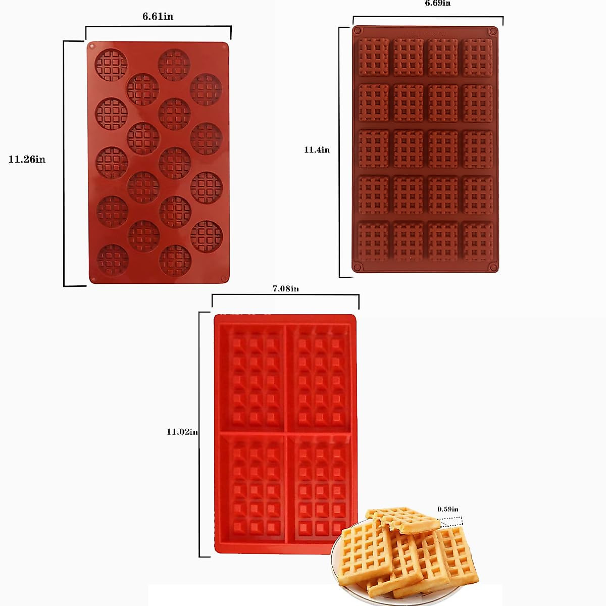 HYCSC 3 Pack Waffle Silicone Mold - 4 Cavity Square Waffle Silicone Mold, 18 Cavity Mini Round Waffle Mold, 20 Cavity Mini Square Waffle Pan, Non-Stick Silicone Waffle Mold for Baking