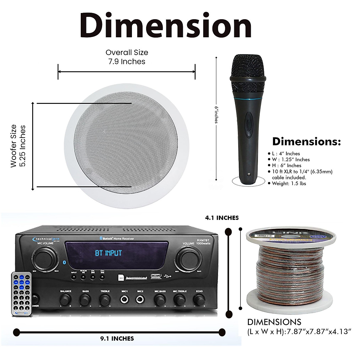 Home Theater System Kit 1000 Watts Bluetooth Receiver w/ 6 Qty 5.25" 175 Watts Each in-Wall in-Ceiling Speakers & 16 Gauge 250 ft. Speaker Wire Portable Microphone w/Remote Control by Technical Pro