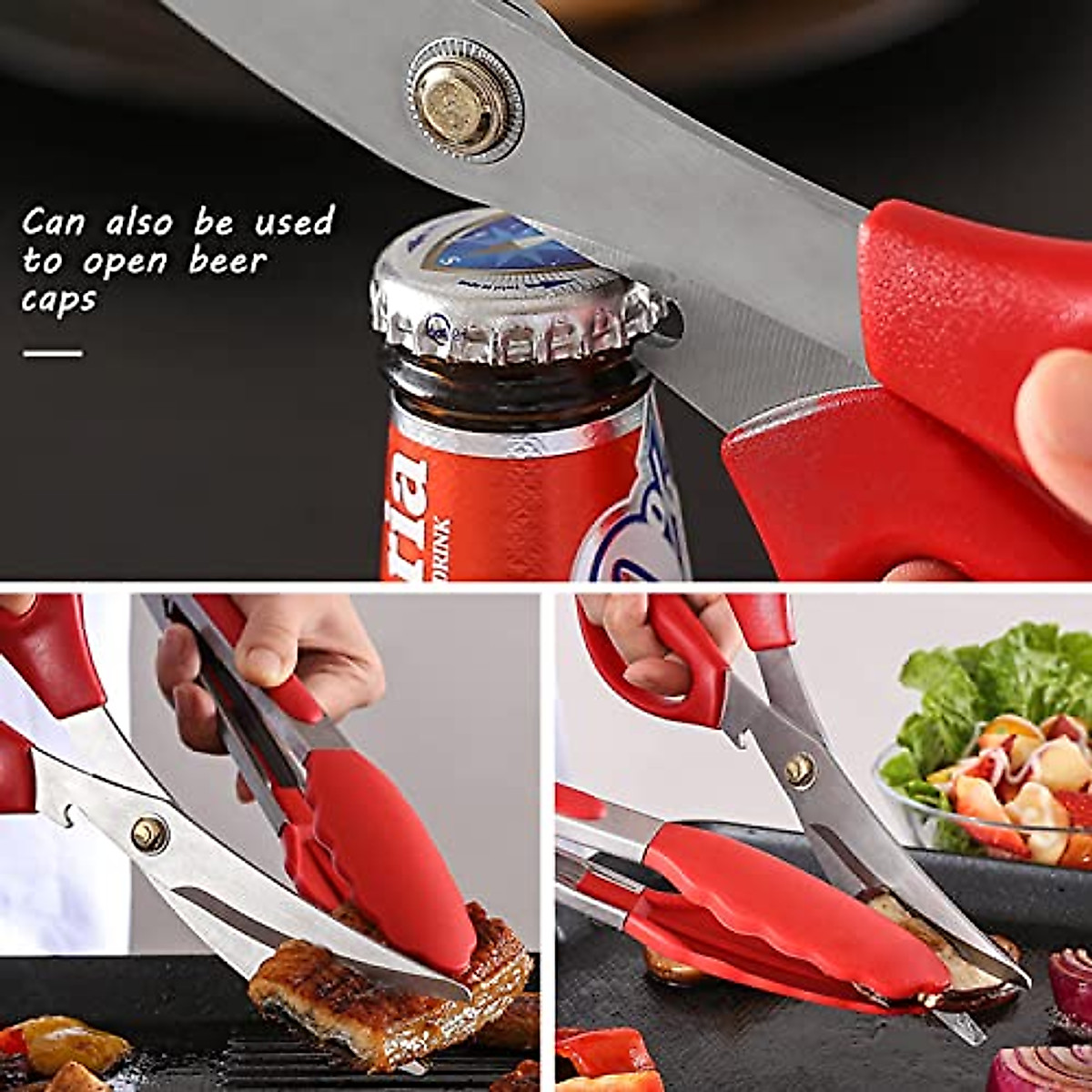 Korean Barbecue Scissors Clip and BBQ Tongs Set for Cooking 3PCS Multifunctional Korean BBQ Tool Set Ultra Sharp Kitchen Shears Silicone BBQ Pastry Oil Brush(Red)