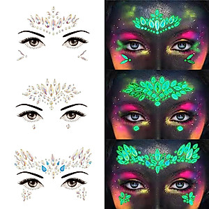 Face Gems, 7 Sets Luminous Face Jewels and 4 Sets Non-luminous Face Gems Rhinestone Stickers, Body Makeup Halloween Rainbow Tears Glow in The Dark Rave Accessories