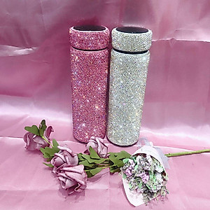Bling Cup 17oz Rhinestone Water Bottle Glitter Tumbler Diamond Glitter Cups Studded Skinny Insulation Cup Sparkly with LED Number (white)