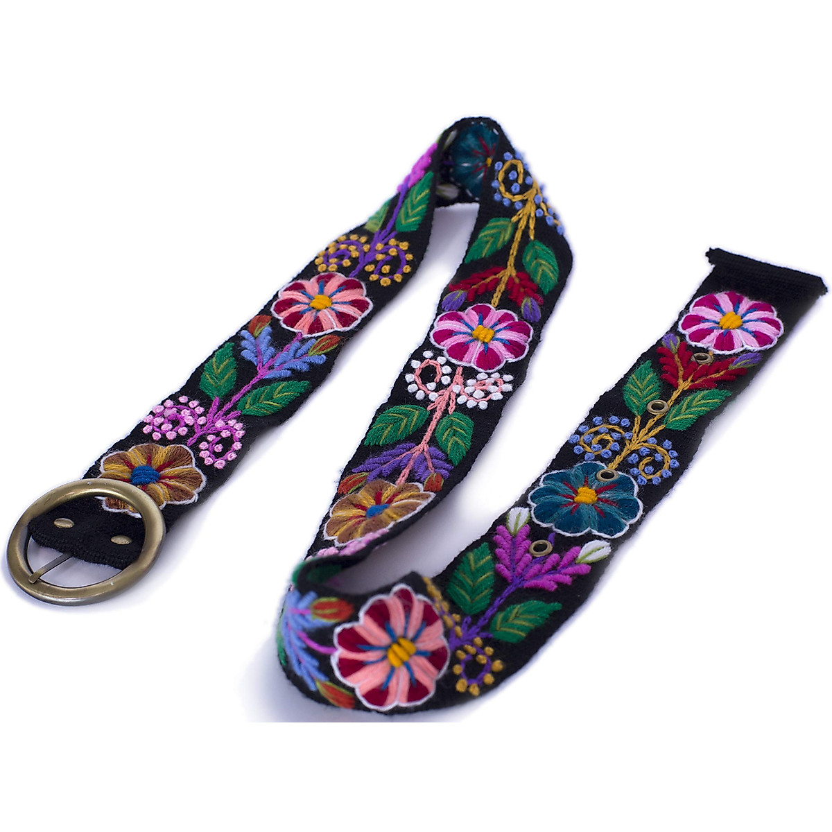 RAYMIS Womens Alpaca Wool Handmade Belt with Colorful Embroidered Flowers (Black)