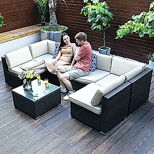 YITAHOME 7 Pieces Patio Furniture Set, Outdoor Sectional Sofa PE Rattan Wicker Conversation Set Outside Couch with Table and Cushions for Porch Lawn Garden Backyard, Black
