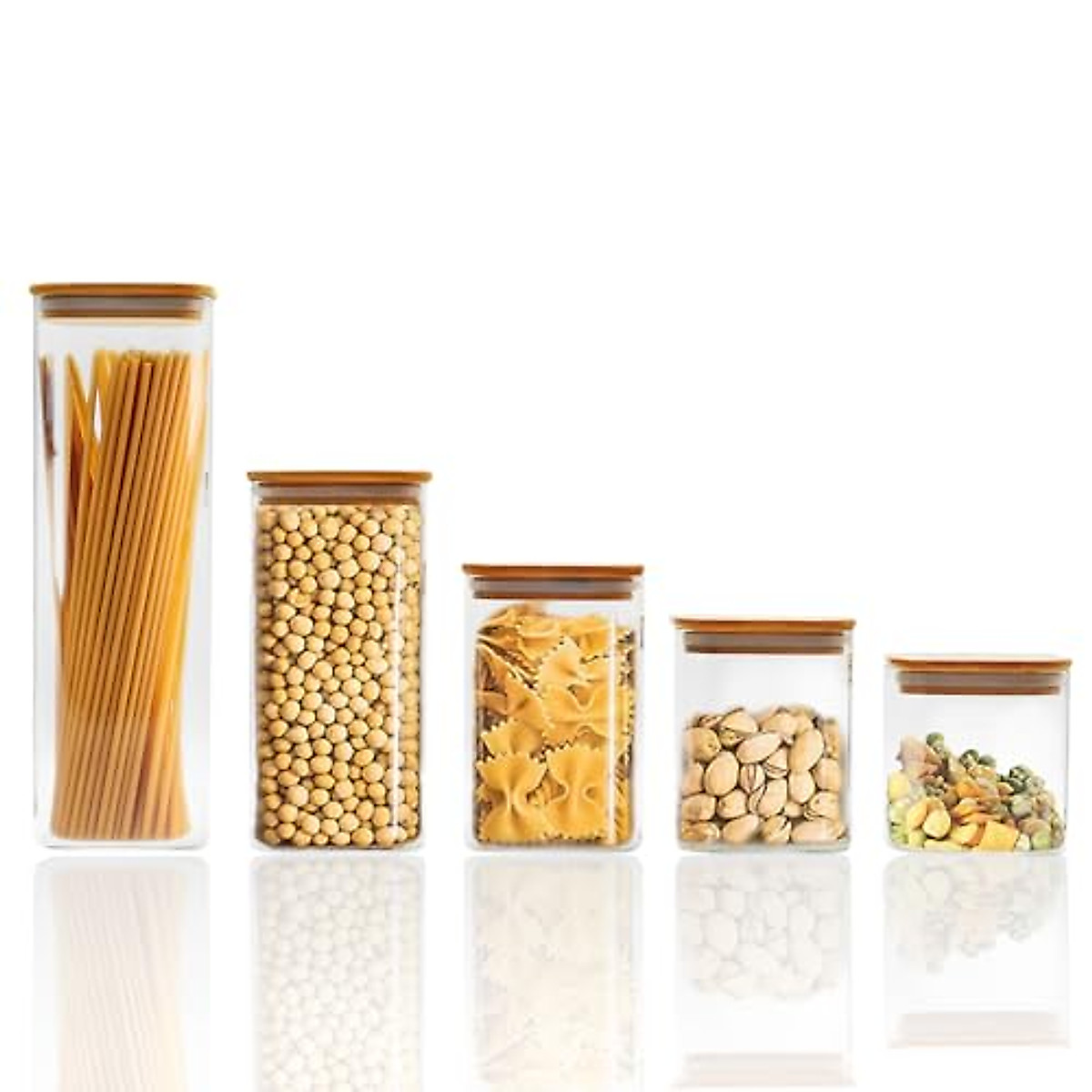XHKDSYMC 5 Pack Glass Food Storage Jars, Clear Glass Canister Food Jar with Bamboo Wooden Lid Food Storage Container for Sugar, Pasta, Snack, Coffee Beans, Cookies, Nuts, Coffee Beans
