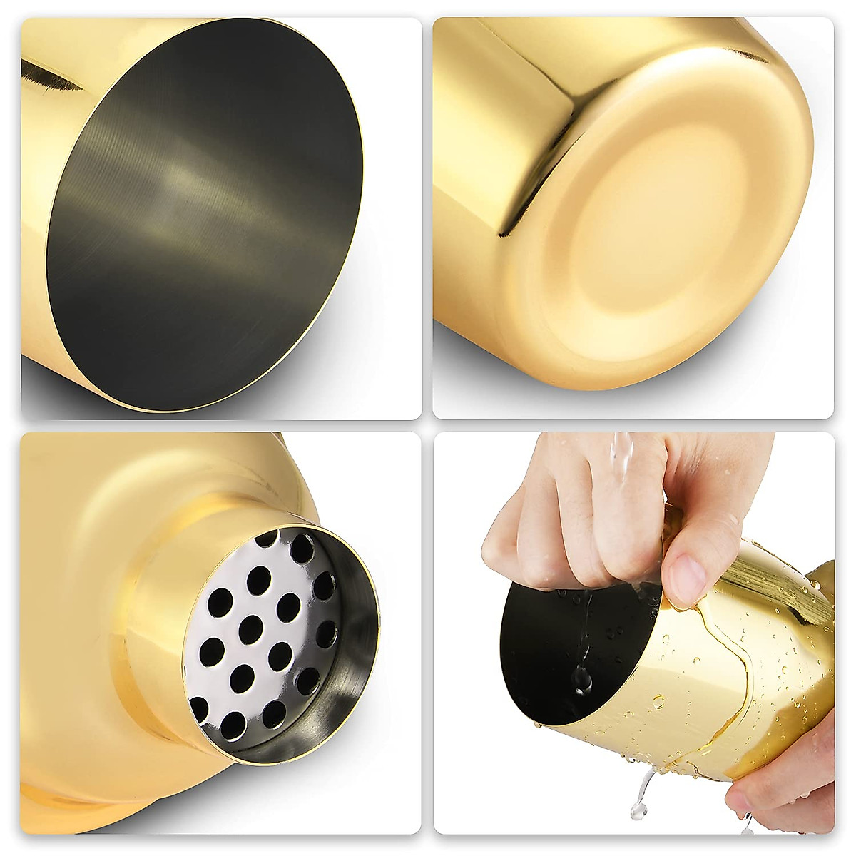 LUCKYGOOBO Cocktail Shaker with Double Measuring Jigger,18/8 Stainless Steel 24oz Martini Shaker Set,Drink Shaker Built-In Strainer,Bartender Kit. (Gold)