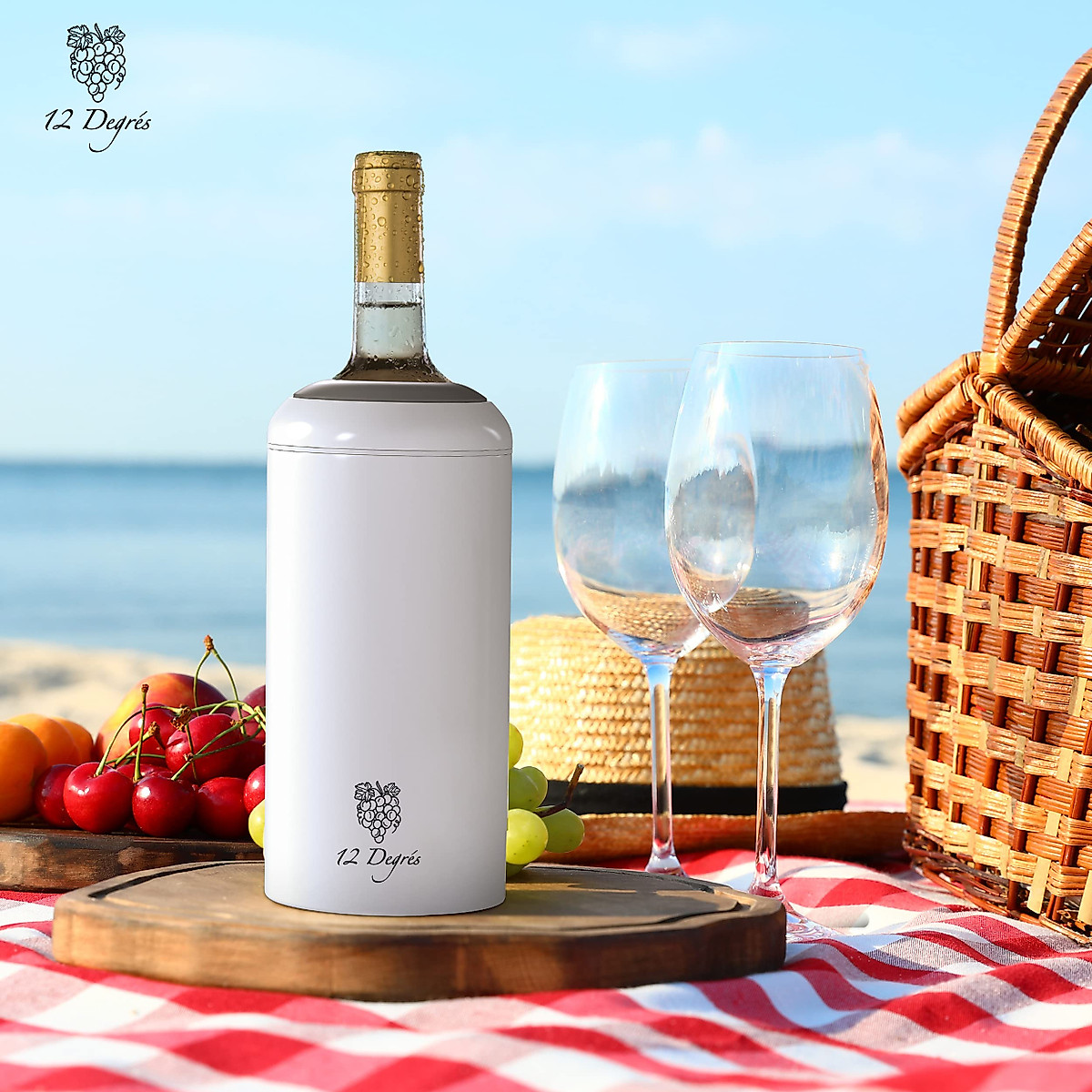 12 Degrés Wine Chiller Set - Perfect Wine Gifts for Women & Men - Stainless Steel Insulated Wine Cooler with Wine Pump, Aerator & 4 Stoppers (White Matte)