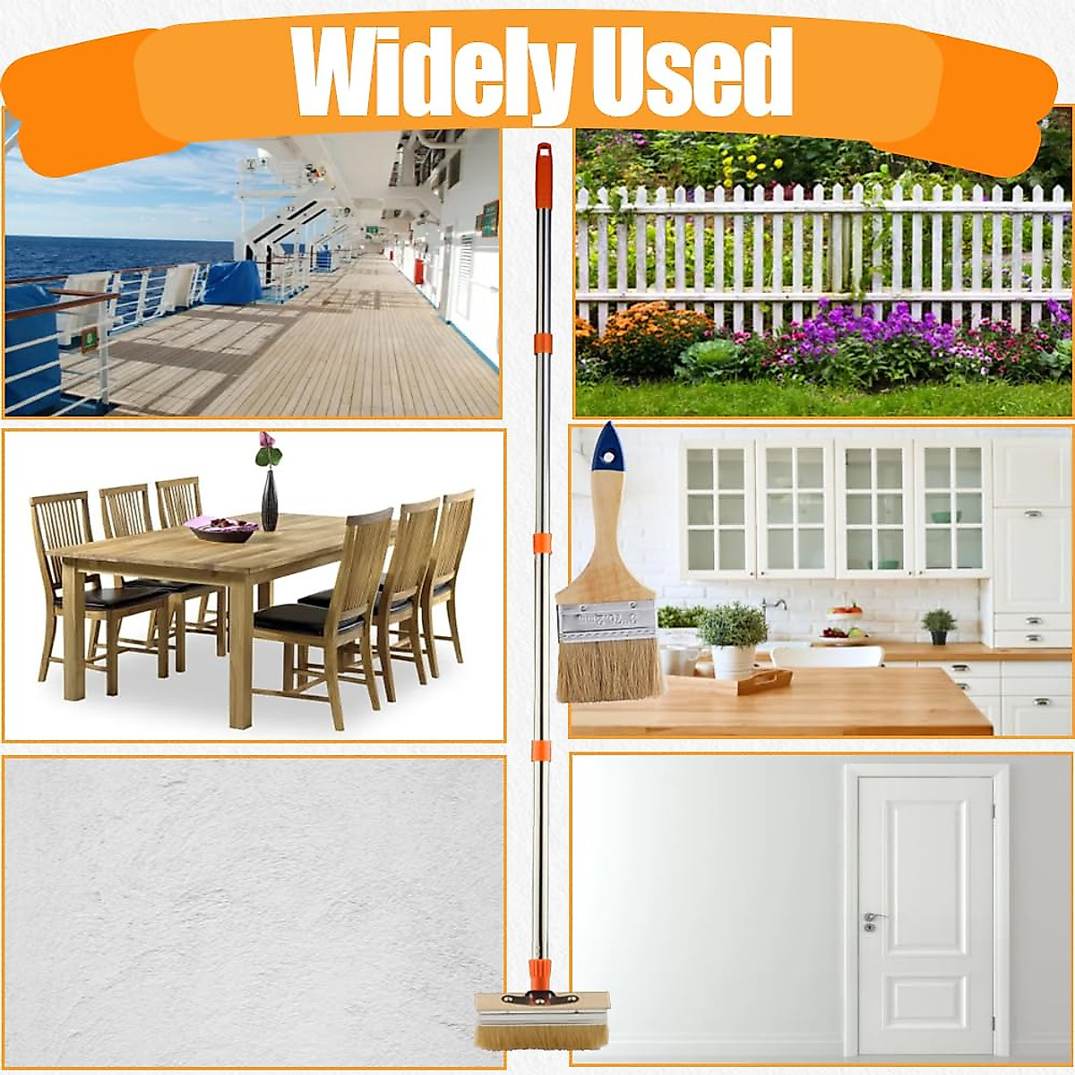 YUJOIBAN 7" Deck Stain Brush with Long Handle, 60" Extension Pole Deck Stain Applicator with 3" Paint Brushes Set, Stain Brushes for Painting Wood Deck, Masonry, Fence, Wall and Furniture