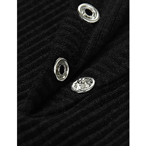 MEROKEETY Women's Short Sleeve V Neck Ribbed Knit Button T Shirts Henley Solid Color Summer Tops, Black, M