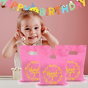 KDPATFAV 70 PCS 9" x 12" Plastic Merchandise Bags Shopping Bags with Thank You Logo Boutique Bags with Handles for Birthday Party Baby Shower Wedding Trade Shows and More (Pink)