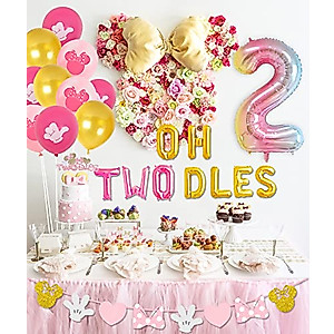 Cartoon Mouse 2nd Birthday Decorations for Girl Pink and Gold Oh Twodles Birthday Party Supplies with Cake Topper Number 2 Foil Balloon Happy Birthday Banner Garland for Cartoon Mouse Themed Party Decorations