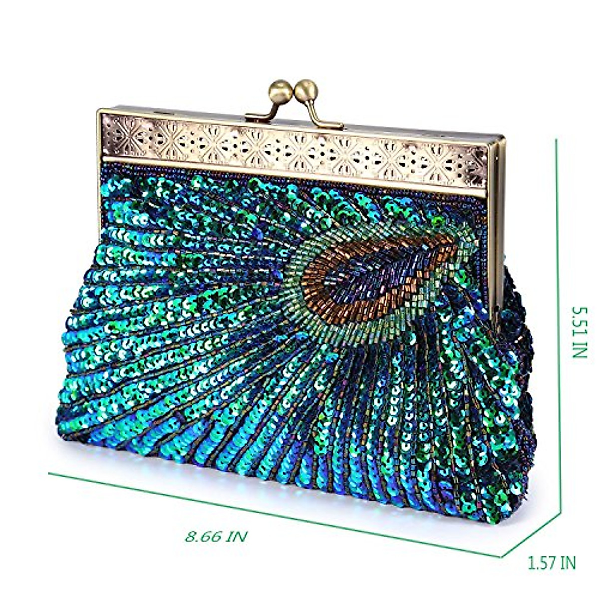UBORSE Beaded Sequin Peacock Blue Evening Clutch Bags Party Wedding Purse