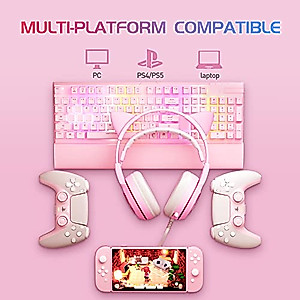 SOMIC G951pink Gaming Headset for PC, PS4, PS5, Laptop, Cat Ear Headphone USB Gaming Headphones with Mic Noise Cancelling, LED Light, 7.1 Virtual Surround Sound for Girls, Women