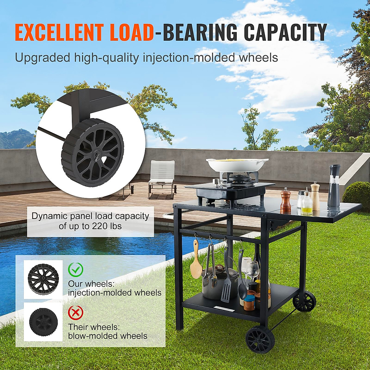 VEVOR Outdoor Grill Dining Cart with Double-Shelf, BBQ Movable Food Prep Table, Multifunctional Foldable Iron Table Top, Portable Modular Carts for Pizza Oven, Worktable with 2 Wheels, Carry Handle