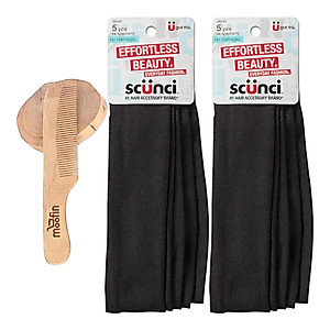 moofin Scunci Black Headband for Women, Stretchy Fabric, Non-Slip, Comfort Fit, Ideal for Running, Makeup, Skincare, Casual Wear, Includes Wooden Comb, Multipack of 5 [Pack of 2]