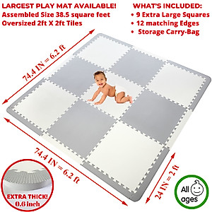 Baby Play Mat Tiles Extra Large Thick Non-Toxic Foam Floor Puzzle Mat Interlocking Activity Playmat for Infants Toddlers Kids Crawling Tummy Time 74x74 Inches (Grey/White)