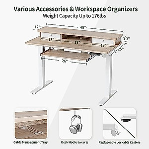 FEZIBO Standing Desk with Drawers, Adjustable Height Desk with Keyboard Tray, Stand Up Desk with Storage Shelf, 48 x 24 Inchs, Maple Top