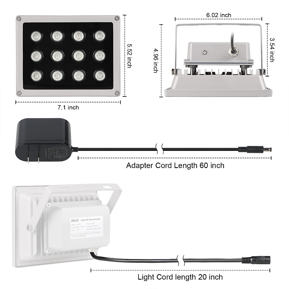 Univivi IR Illuminator, 850nm 12 LEDs Wide Angle IR Illuminator for Night Vision, Waterproof LED Infrared Light with 12V DC Power Adapter for IP Camera, CCTV Security Camera