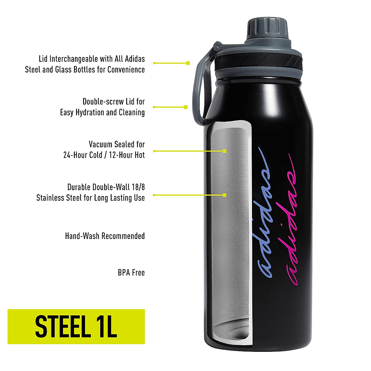 adidas Unisex 1 Liter (32 oz) Metal Water Bottle, Black/Pulse Mint Green/Blue Fusion, One Size