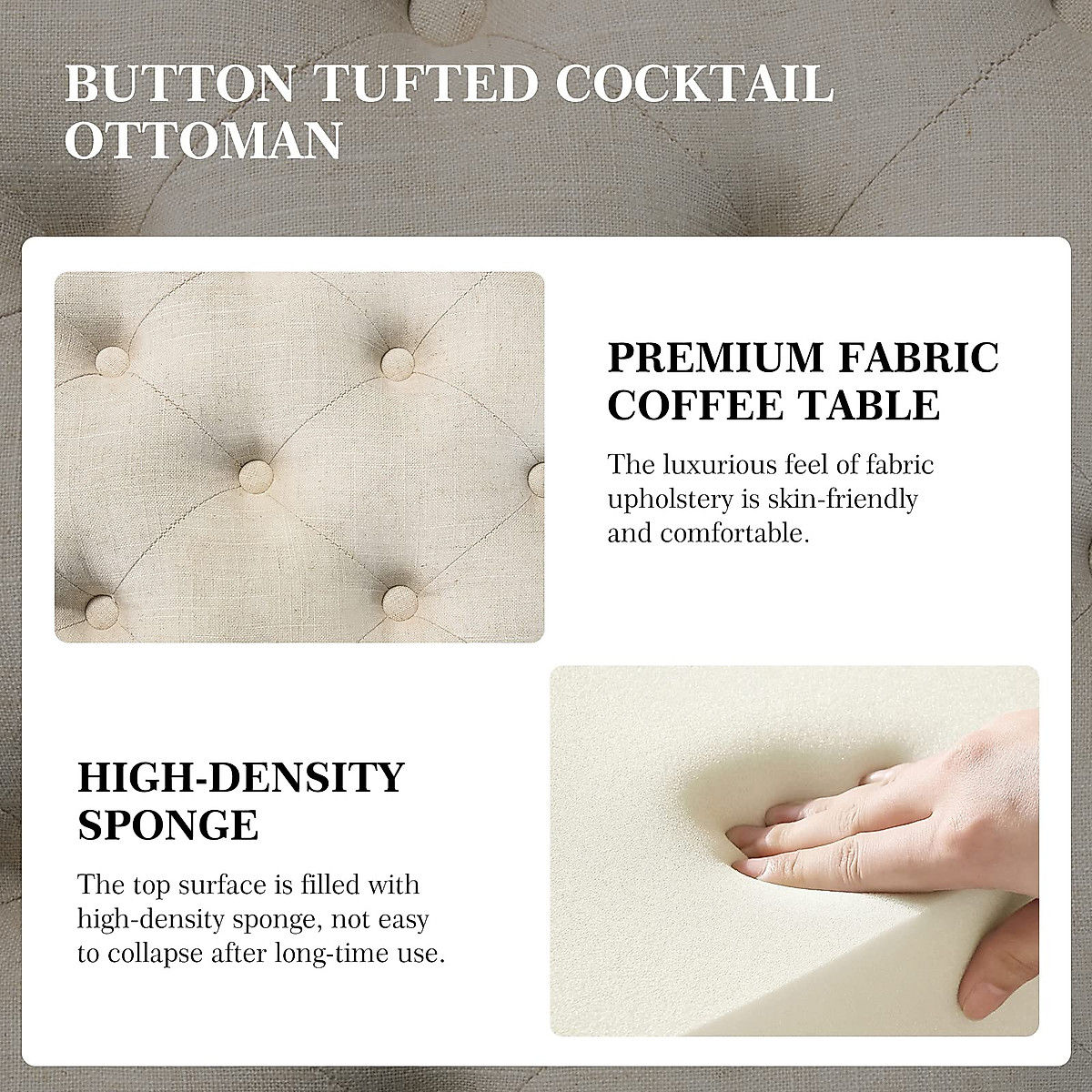 HULALA HOME Large Leather Square Ottoman Coffee Table with Storage, Button Tufted Brown Cocktail Ottoman with Shelf & Solid Wood Legs, Upholstered Farmhouse Footrest Ottoman for Living Room