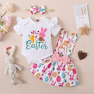 Newborn Baby Girl Easter Outfit My First Easter Romper Rabbit Suspender Skirt Headband Clothes Set (Easter-Pink, 9-12 Months)
