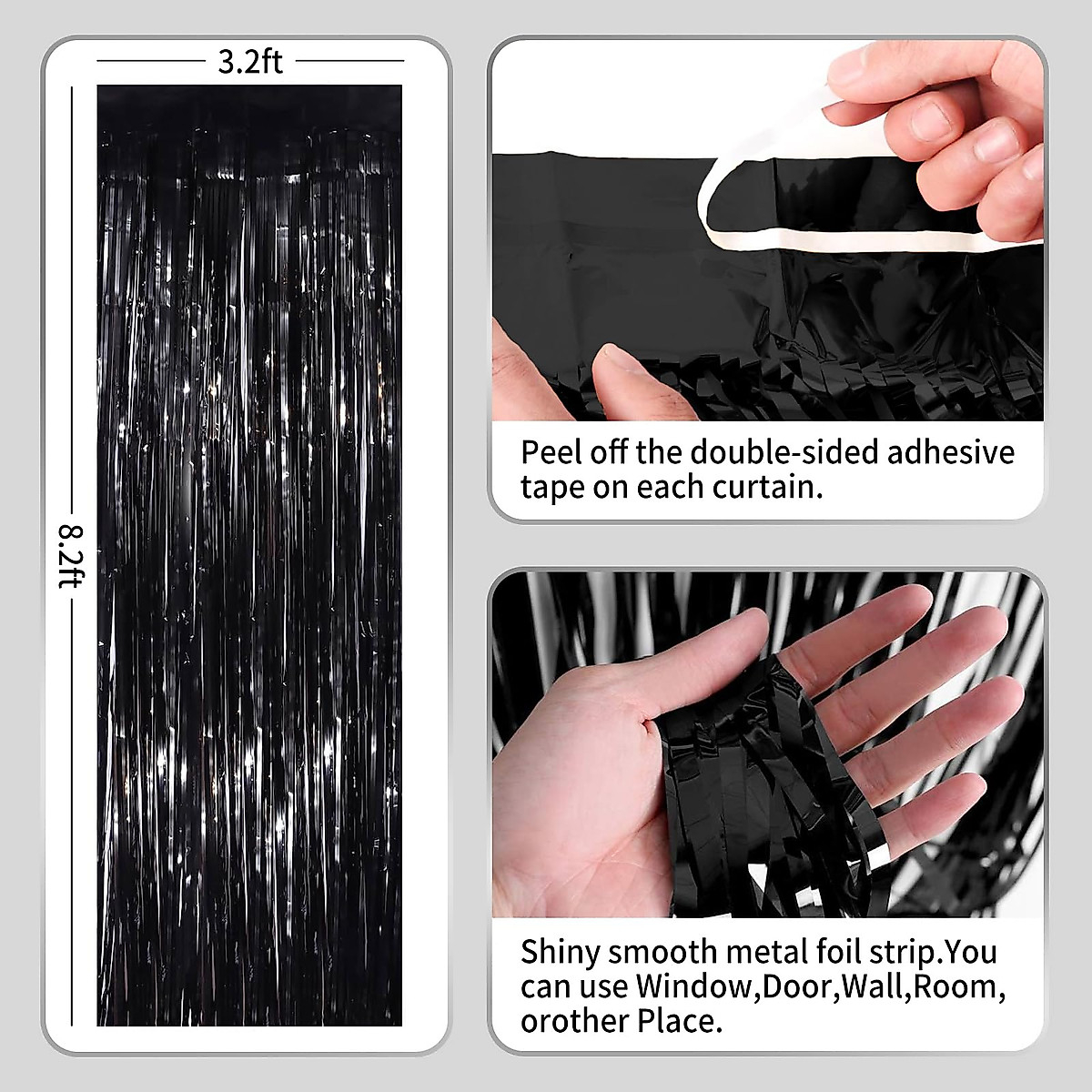 Black Streamers for Black Party Decorations-SINBEE Black Foil Fringe Curtain Black Birthday Decorations Black Fringe Backdrop for Halloween- 2 Packs
