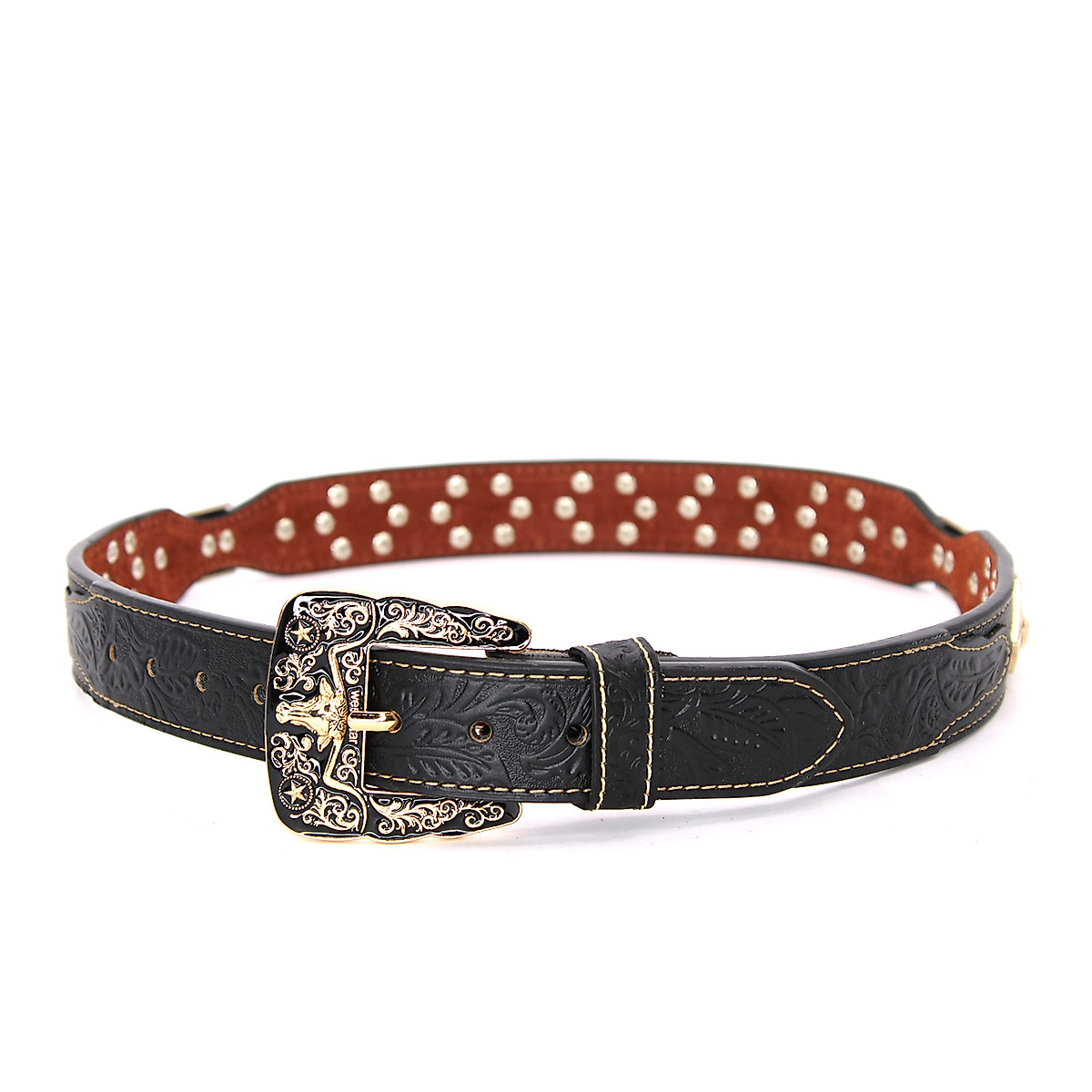 West Star Texas Genuine Leather Belt with Longhorn Buckle Gold and Silver -806A Longhorn BK XL Floral