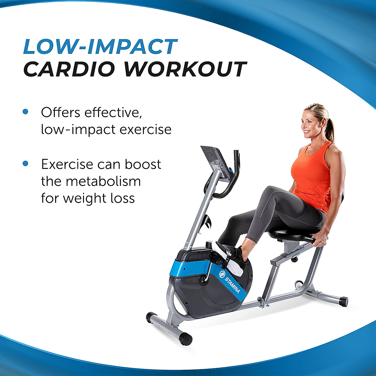 Stamina Recumbent Exercise Bike 345 - Exercise Bike with Smart Workout App - Recumbent Exercise Bike for Home Workout - Up to 300 lbs Weight Capacity