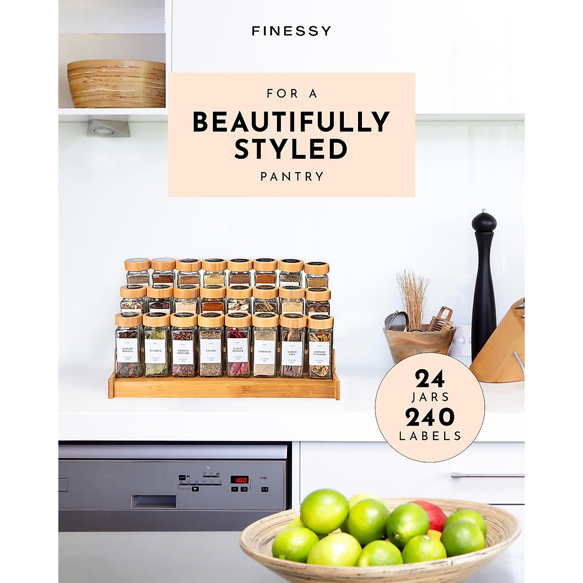 Glass Spice Jars with Labels Bamboo, 24 pcs 4 oz Seasoning Containers Set, Spice Containers with Shaker Lids, Empty Glass Seasoning Jars, Spice Bottles Storage Refillable, Seasoning Organizer Kitchen