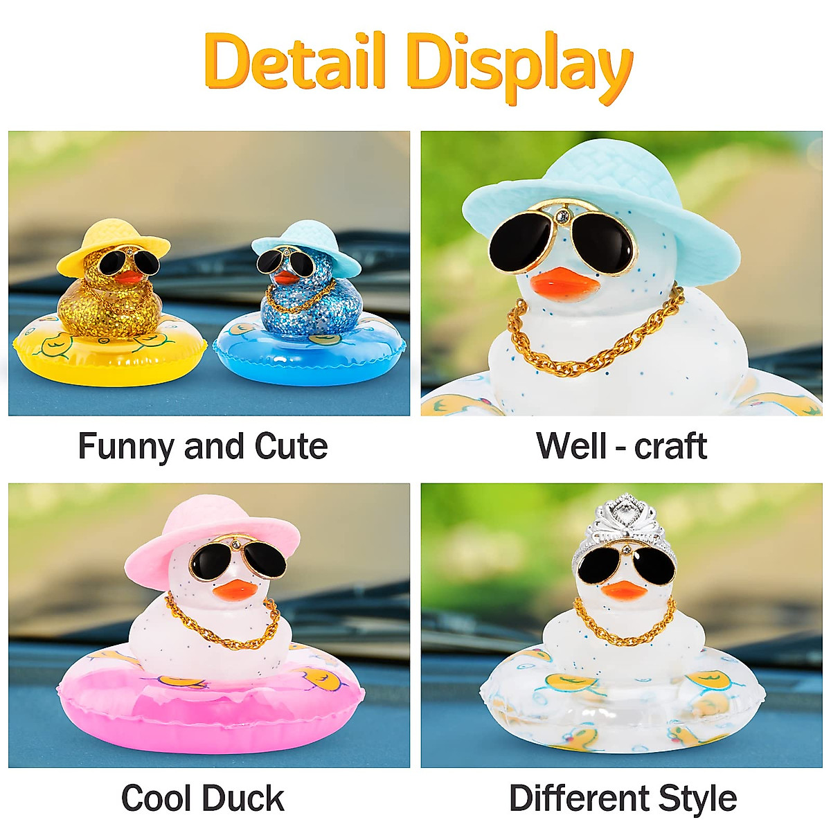 wonuu Car Duck Ornament Dashboard Decorations Rubber Duck Car for Car Dashboard Accessories with Swim Ring Sunglasses Hat and Necklace, B_Blue&Blue