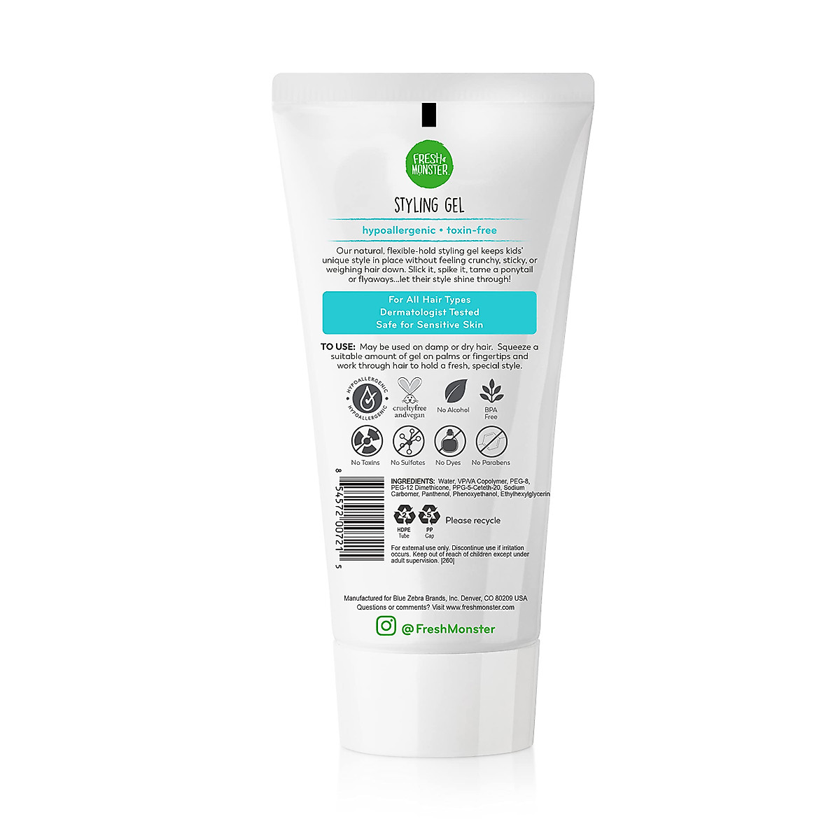 Fresh Monster Kids Hair Styling Gel, Medium Hold Alcohol-Free, Natural Hair Gel for Kids & Toddlers (6oz.)