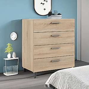 Tvilum Bedrooms, Living Areas, or Entryways, Silver Handles, Steel Brackets at Bottom 4 Drawer Chest, 15,85 in D x 26,81 in H x 31,57 in W, Oak