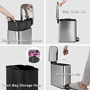 LAISU 6L/1.6Gal Stainless Steel Trash Can with Lid Soft Close, Removable Inner Wastebasket, Slim Small Garbage Can, Step Trash Bin for Bathroom Bedroom Office, Anti-Fingerprint Finish, Silver