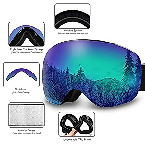 AKASO OTG Ski Goggles, Snowboard Goggles, Mag-Pro Magnetic Interchangeable Lenses, Anti-Fog, 100% UV Protection, Helmet Compatible, Snow Goggles for Men & Women