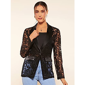 WDIRARA Women's Floral Lace Mesh One Button Lapel Neck Long Sleeve Elegant Jacket Blazer Black S