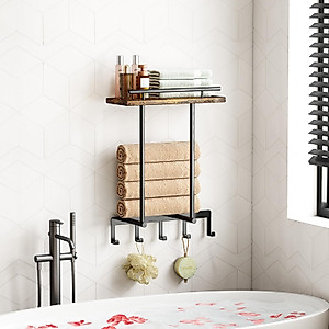 Godboat Towel Racks for Bathroom - Towel Holder with Wooden Shelf, 5 Hooks Bathroom Organizers and Storage Near Towel Warmer, Wall Mounted for Rolled Towels, Gifts for Women, Mom, Mothers Day (21")