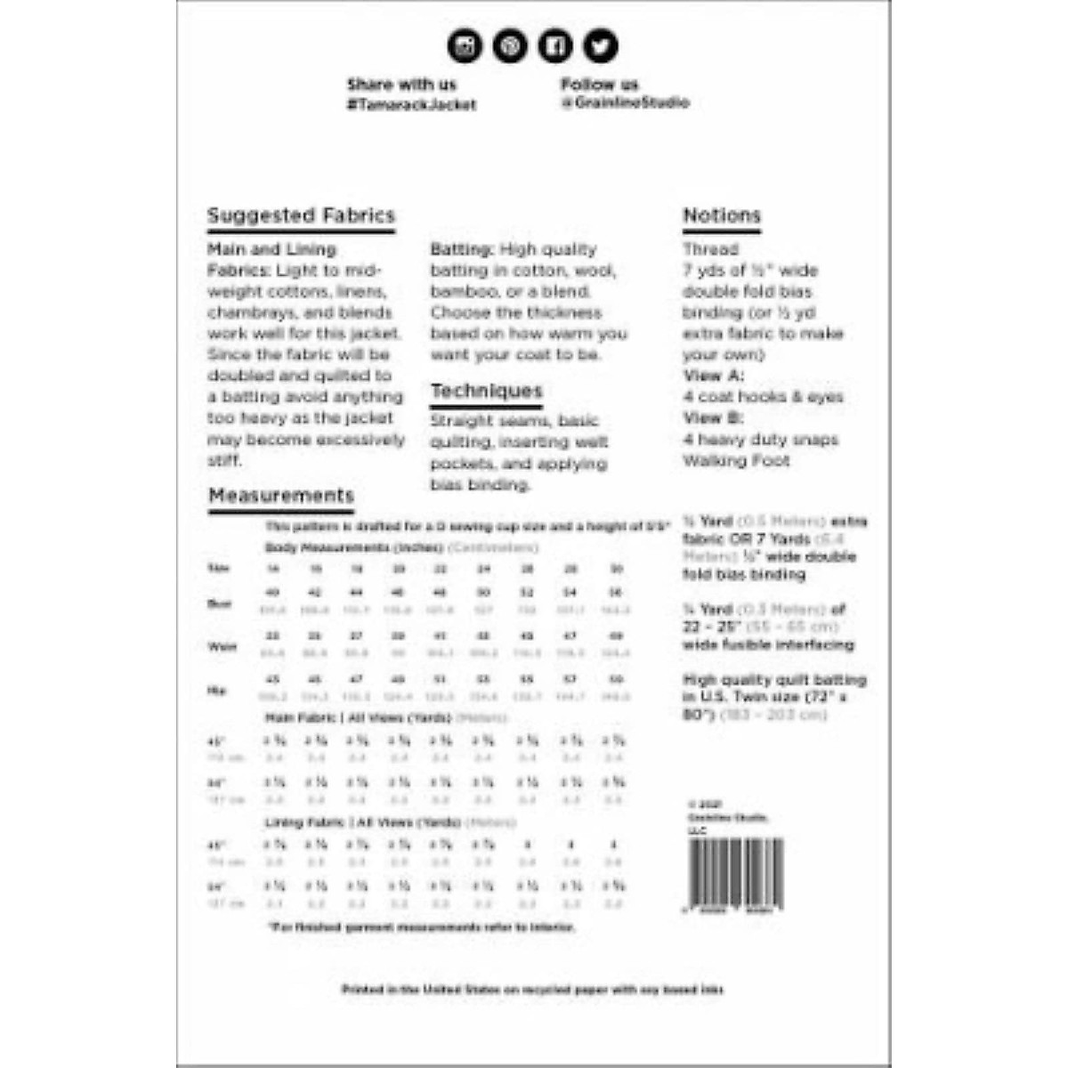 Grainline Studio LLC Tamarack Jacket 14-30 GS16002-1430 Pattern,Blue